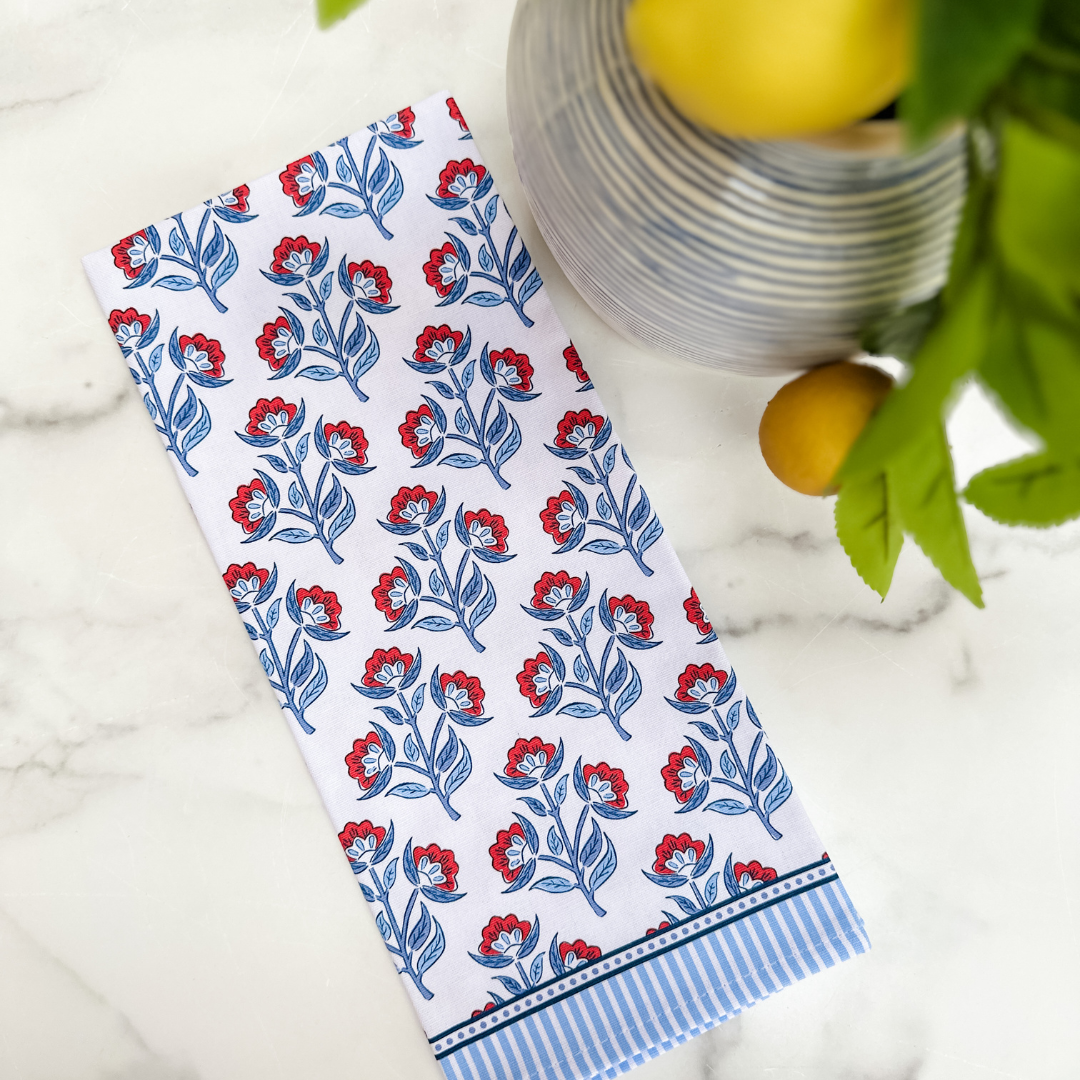 Red Floral Block Print Pattern Tea Towel | My Trove Box